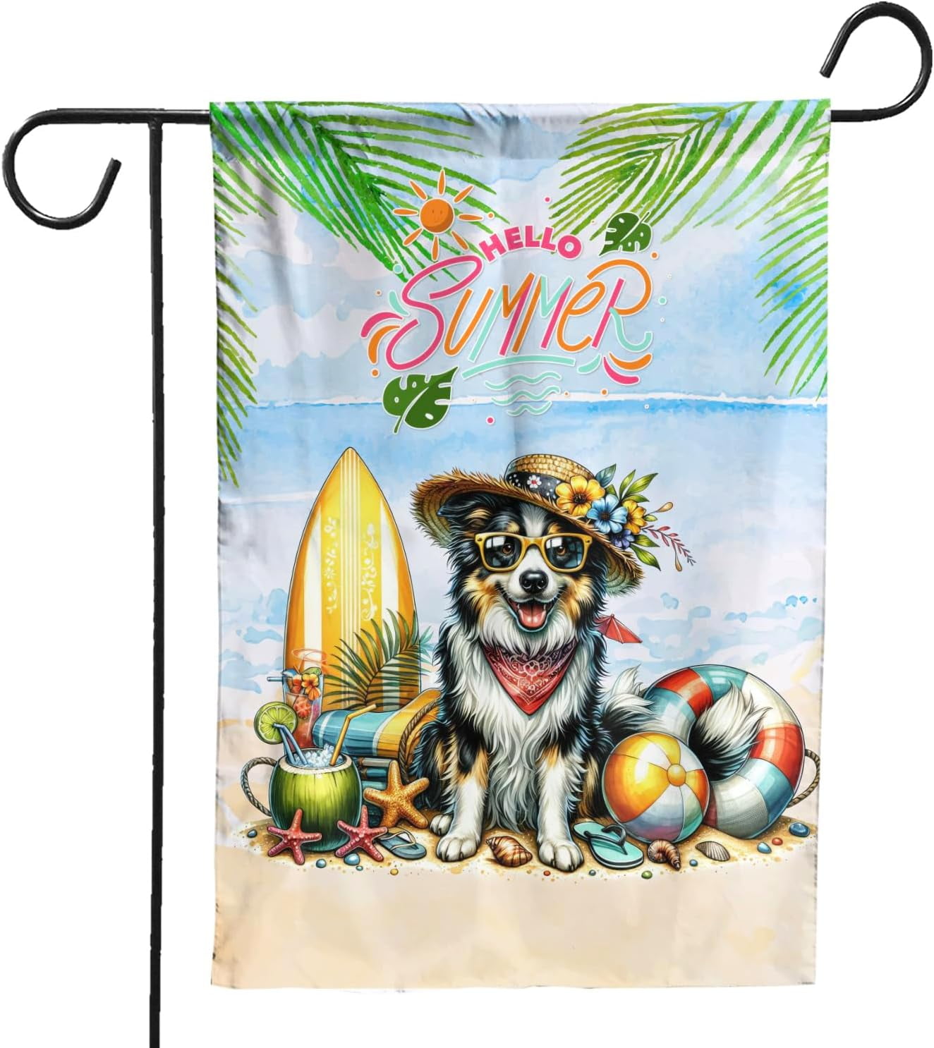 Border Collie Hello Summer with Sunglasses and Surfboard Tropical Vibes ...