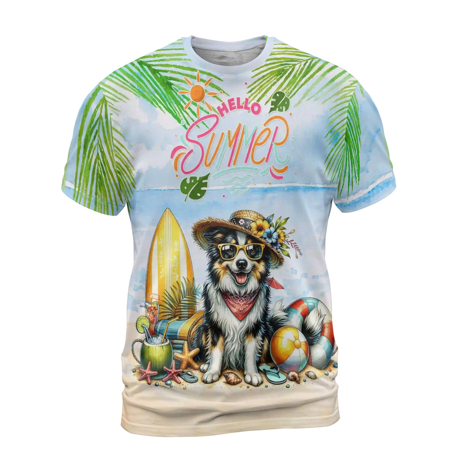 Border Collie Hello Summer with Sunglasses and Surfboard Tropical Vibes ...