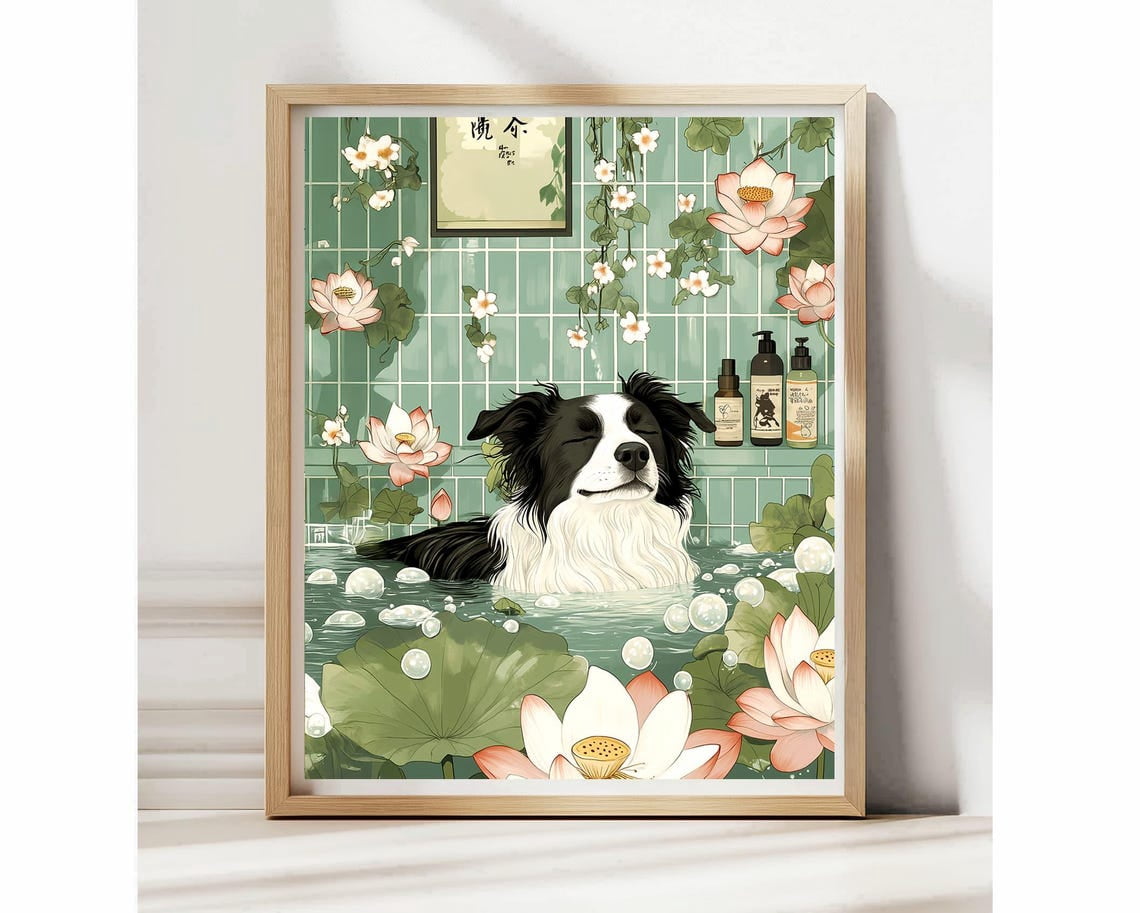 Border Collie In Bathtub Japandi Dog Restroom Bathroom Poster Unframed ...