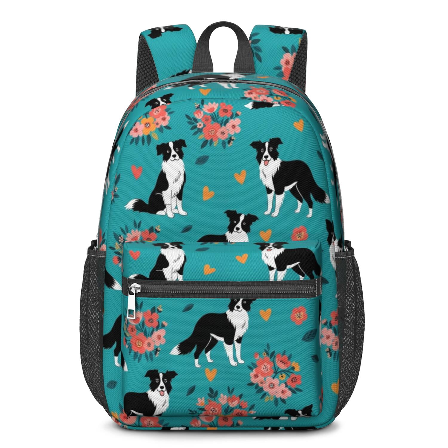 Border Collie and Floral Blue Pattern 17" School Backpacks for Teens ...
