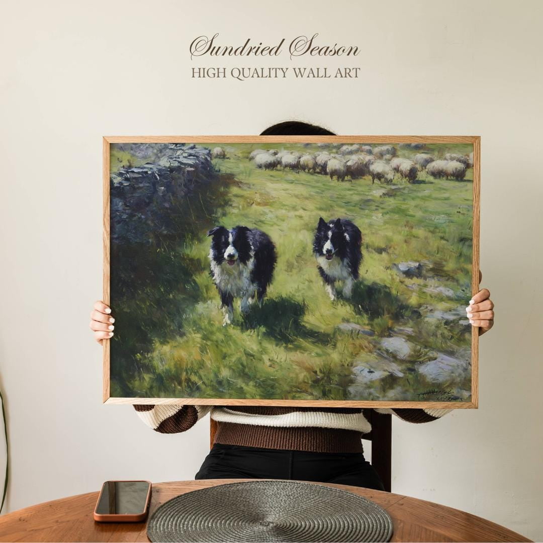 Border Collies Herding Sheep Art Print, Pastoral Farm Sheepdogs, Rustic ...