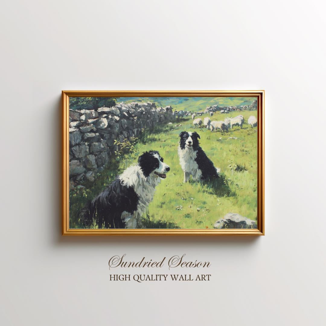Border Collies Watching Sheep Art Print, Rustic Farm Dog , Classic ...