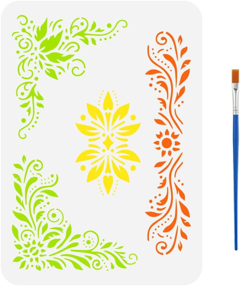 Border Corner Drawing Stencil with A Paint Brush 11.7x8.3inch Flower ...