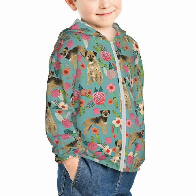 Border Terrier Florals Dog Kids Zip-Up Hoodie Girls Boys Sun Protection Jacket Hooded Cooling ...