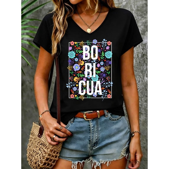 Boricua Latina Flowers Puerto Rican Girl Puerto Rico Woman V Neck T ...