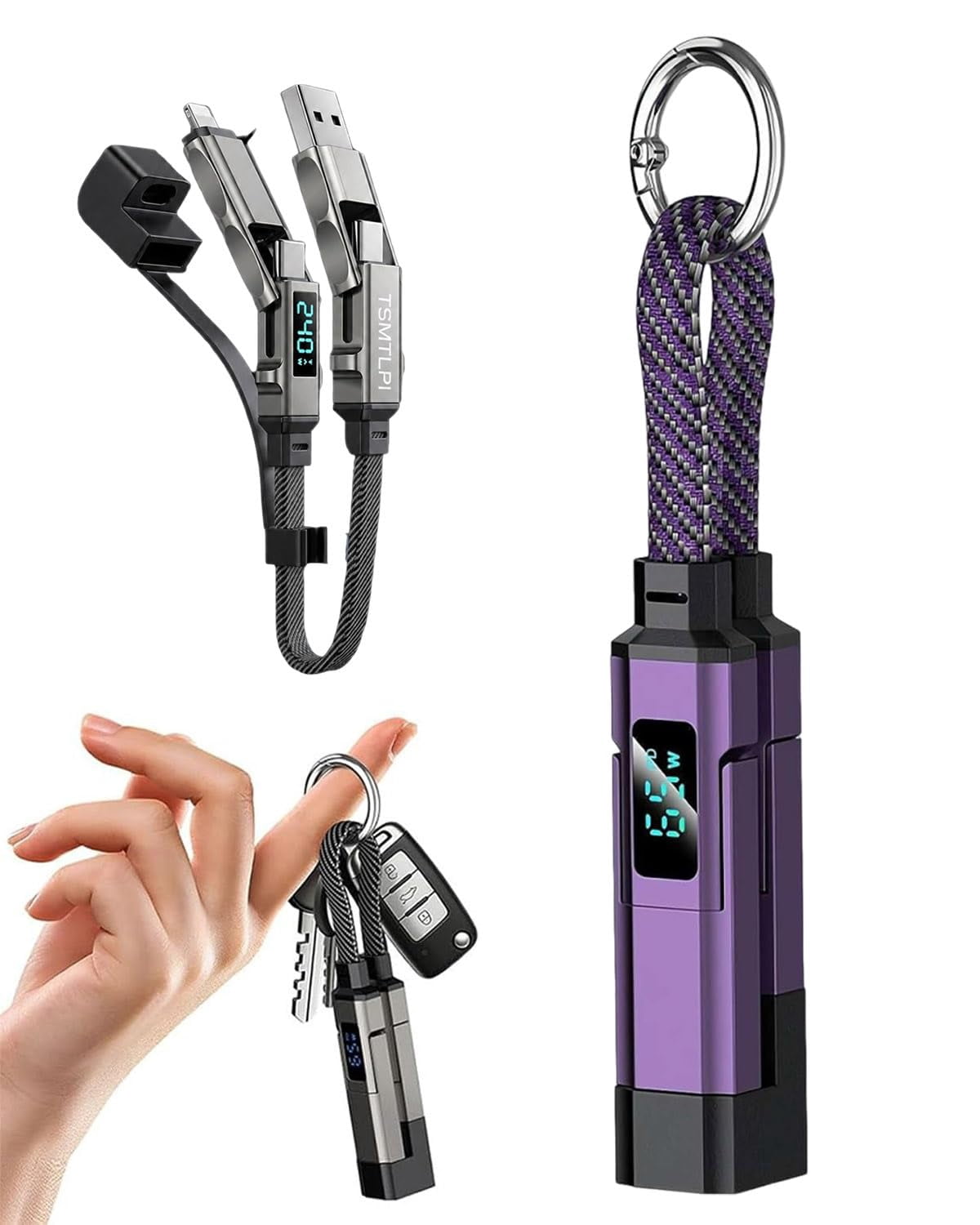Borikise 4-in-1 Smart Digital Display Keychain Charging Cable, 65W Fast ...