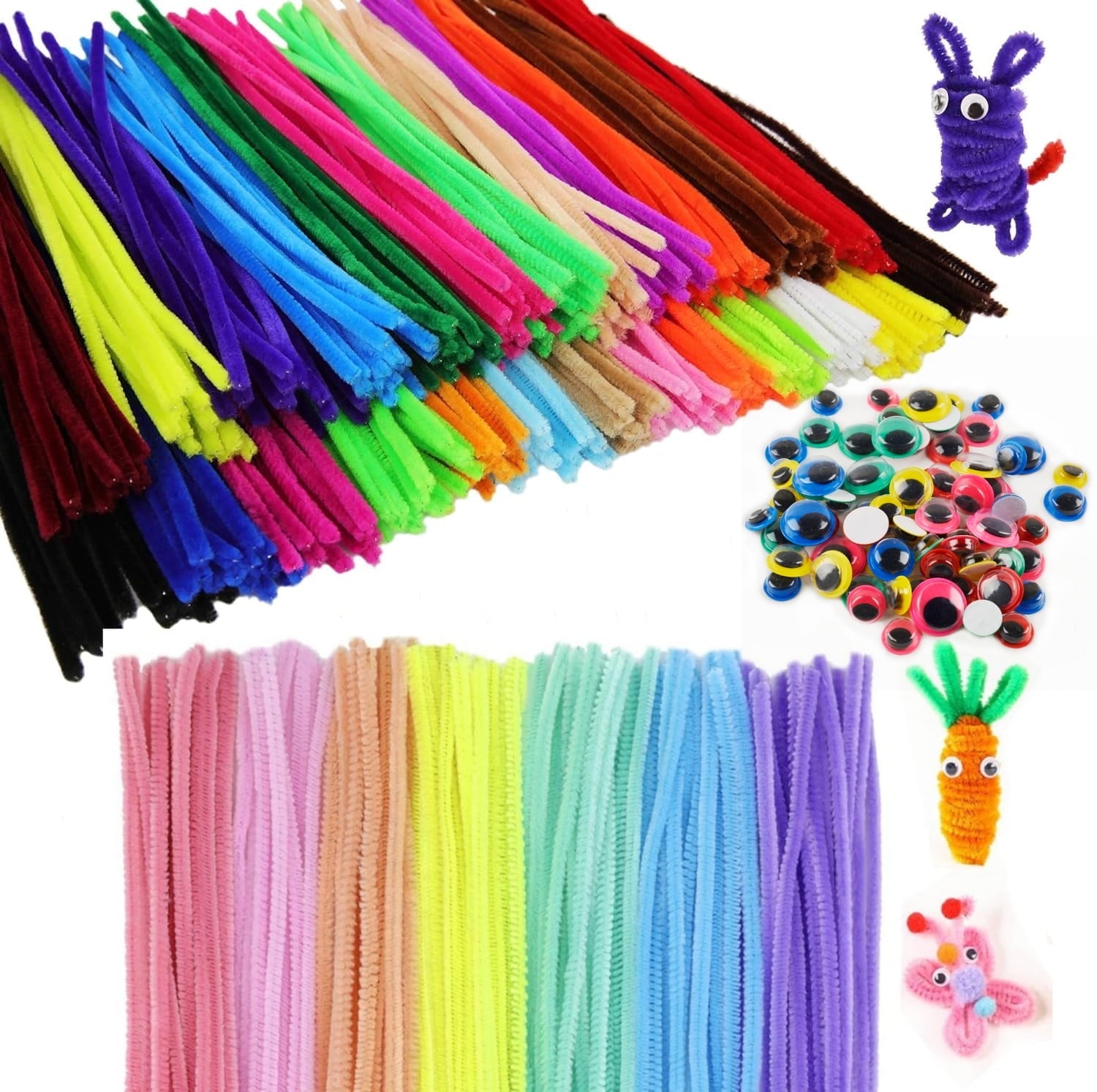 "Boriyuan 300 Pcs Colorful Pipe Cleaners, 100 Self-Adhesive Wiggle Eyes ...