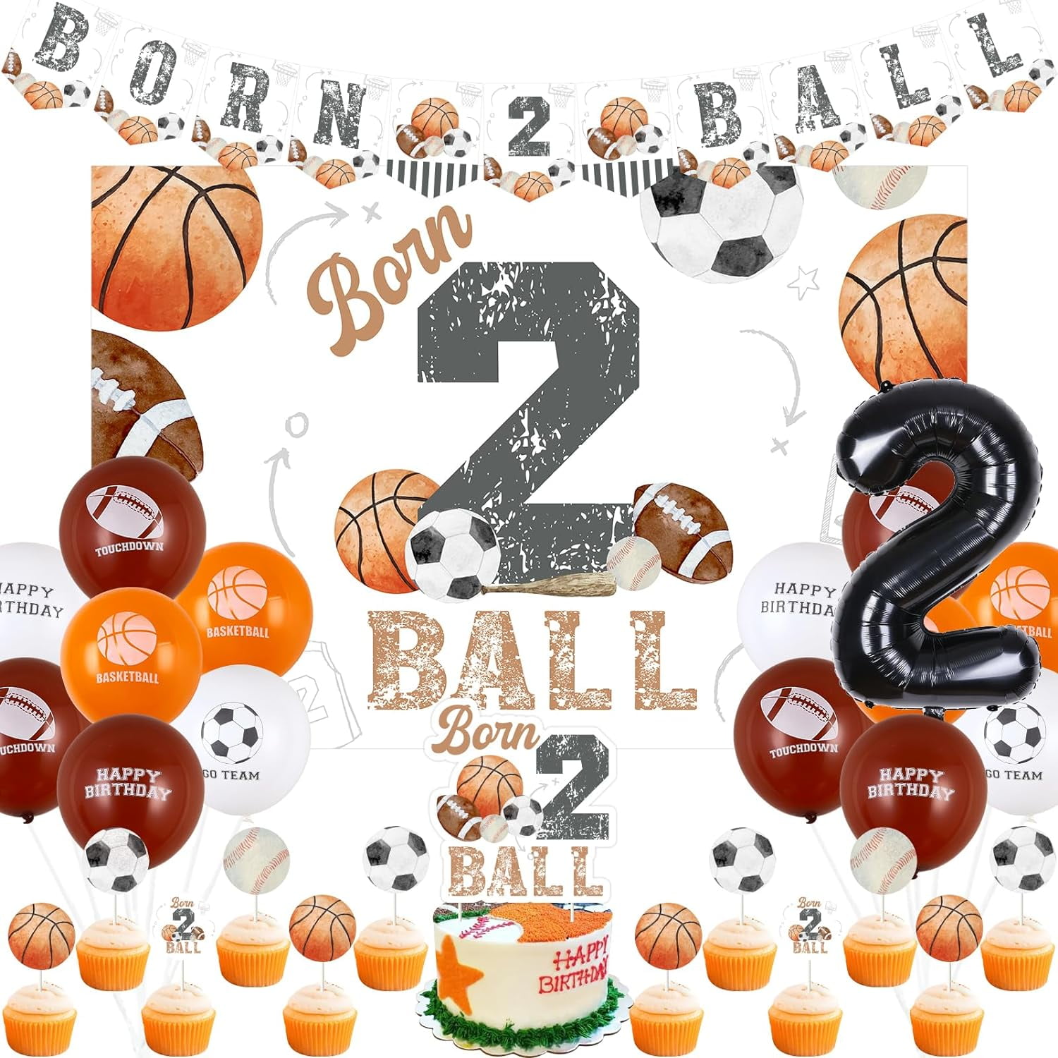 Born 2 Ball Birthday Decorations Football Basketball Baseball Party ...