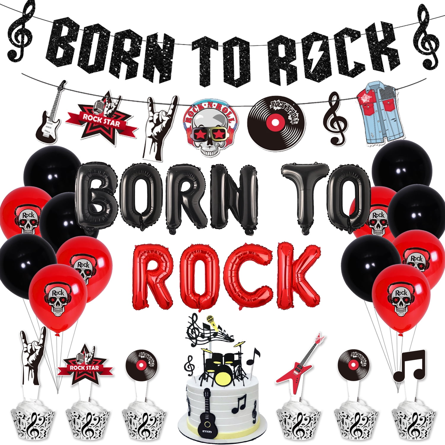 Born to Rock Red Black Party Decoration Glitter Banner Rock Star Guitar ...
