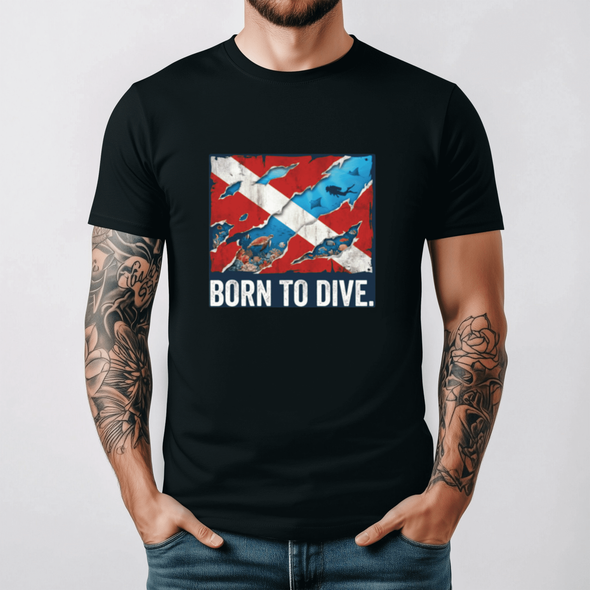 Born To Dive Scuba Diver Down Shredded Flag Marine Life T Shirt Top,for ...