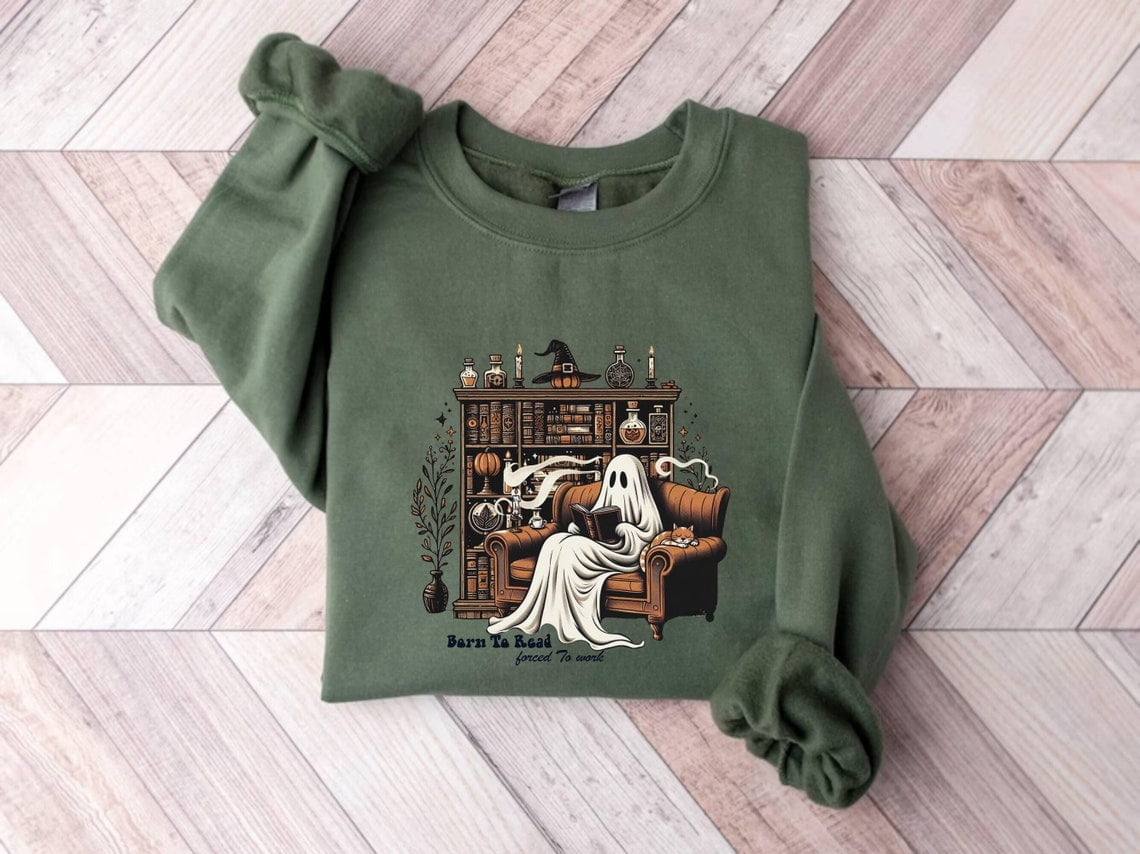 Born To Read Forced To Work Cute Ghost Sweatshirt, Bookish Sweat, Book ...