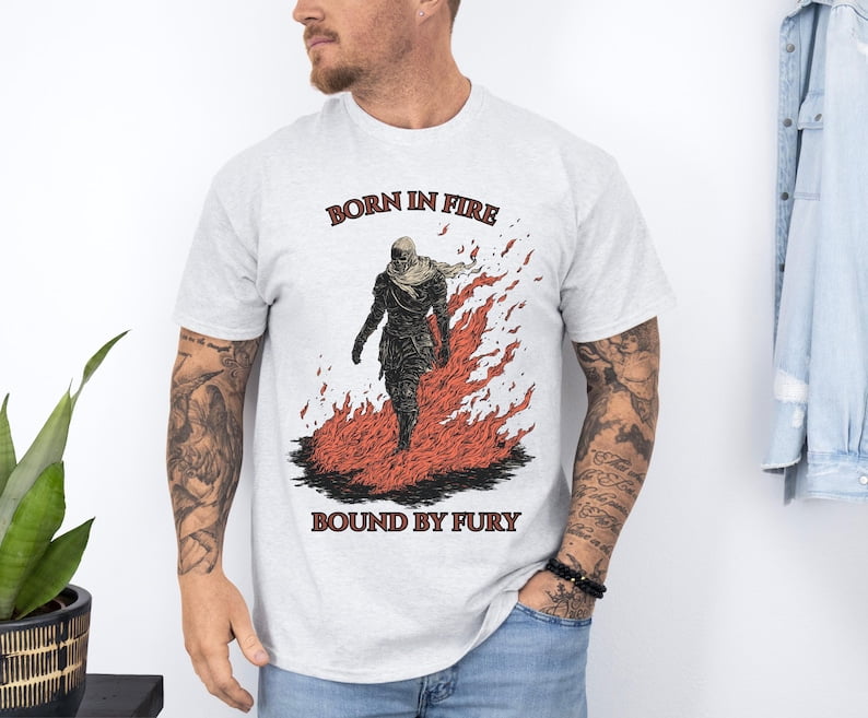 Born in Fire T-Shirt, Dark Fantasy Warrior Tee, Gothic Flame Aesthetic, Cursed Hero Graphic ...