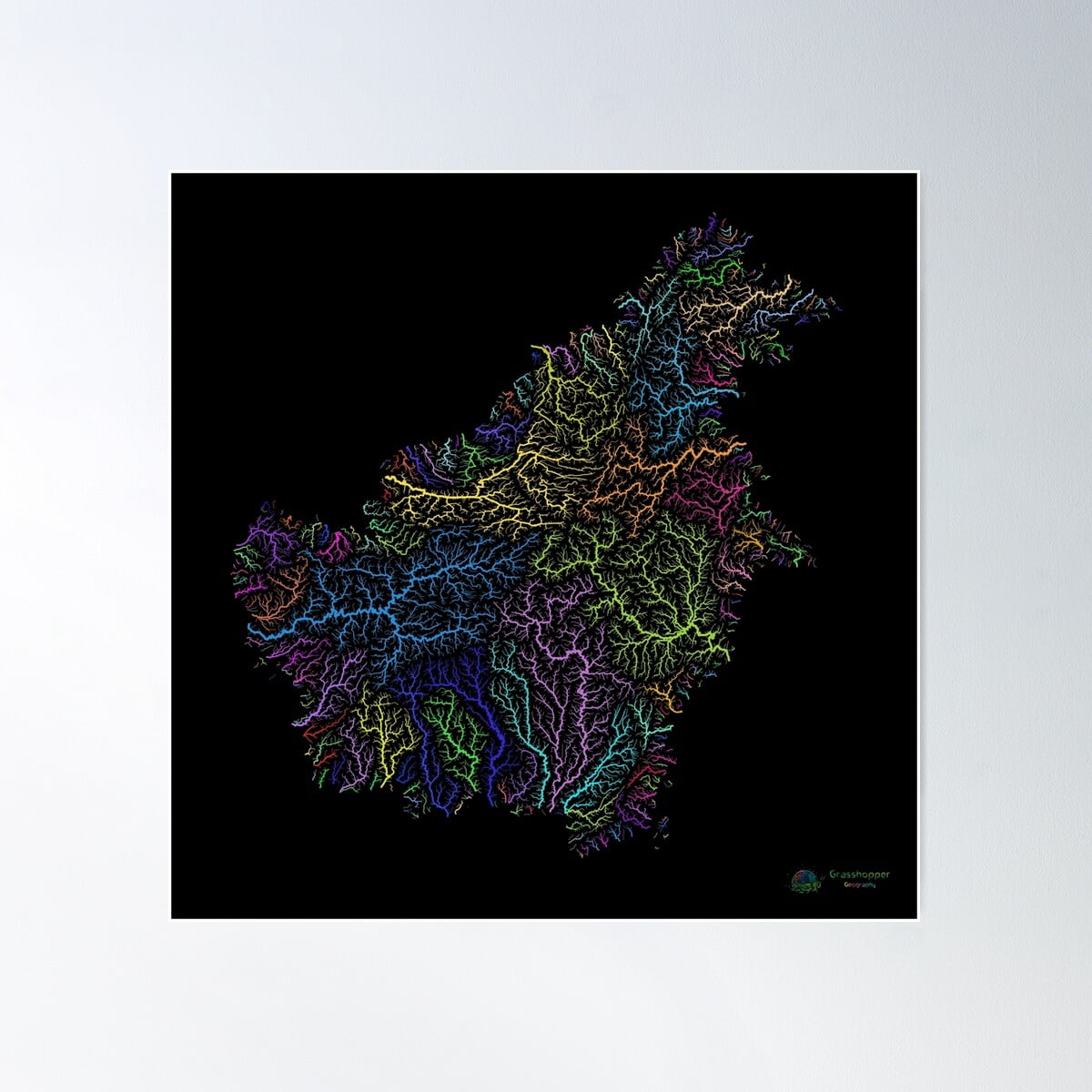 Borneo River Basin Map In Rainbow Colours With Black Background Poster ...