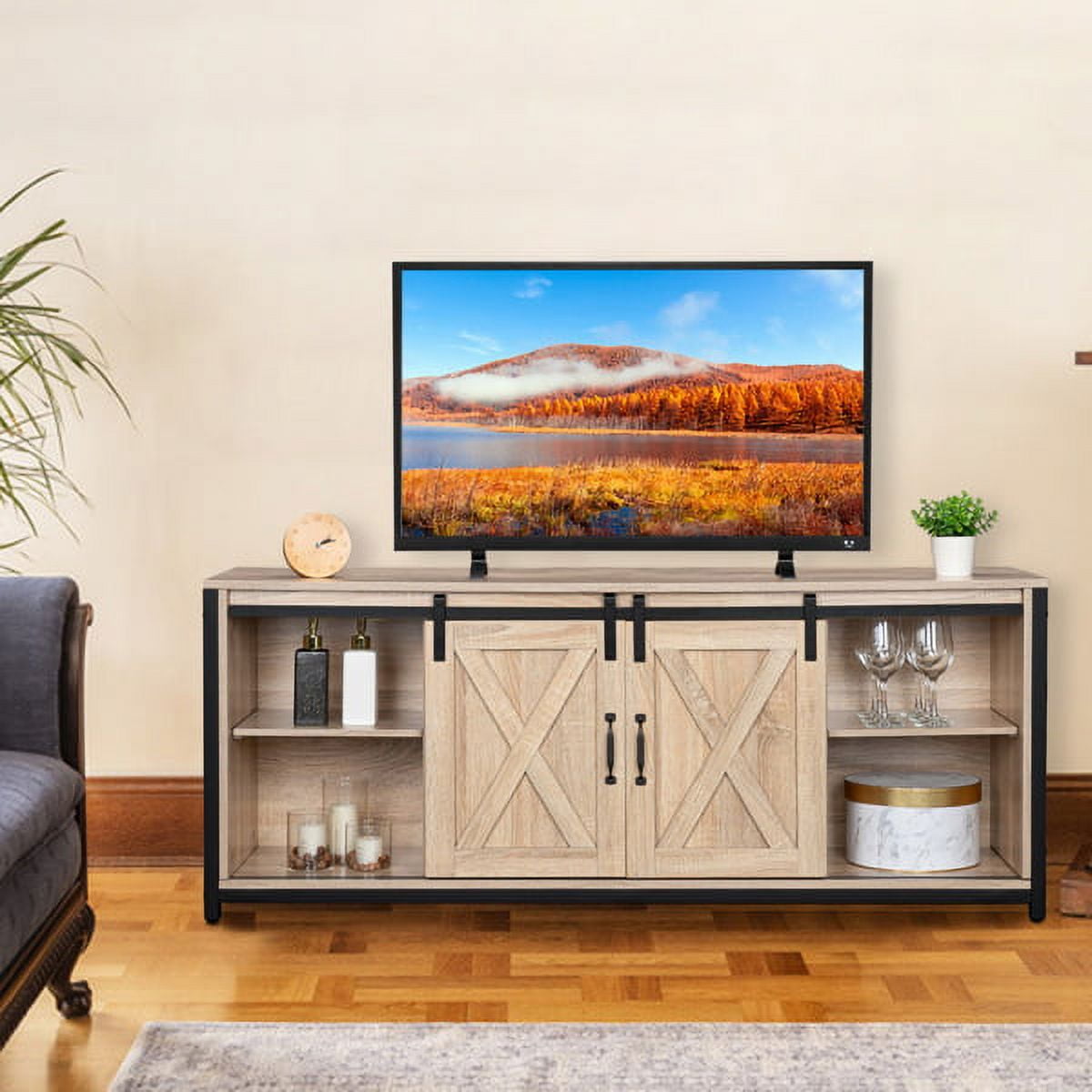 Bornmio 3-layer Double Barn Door with Sliding Rail X-shaped Panel TV ...