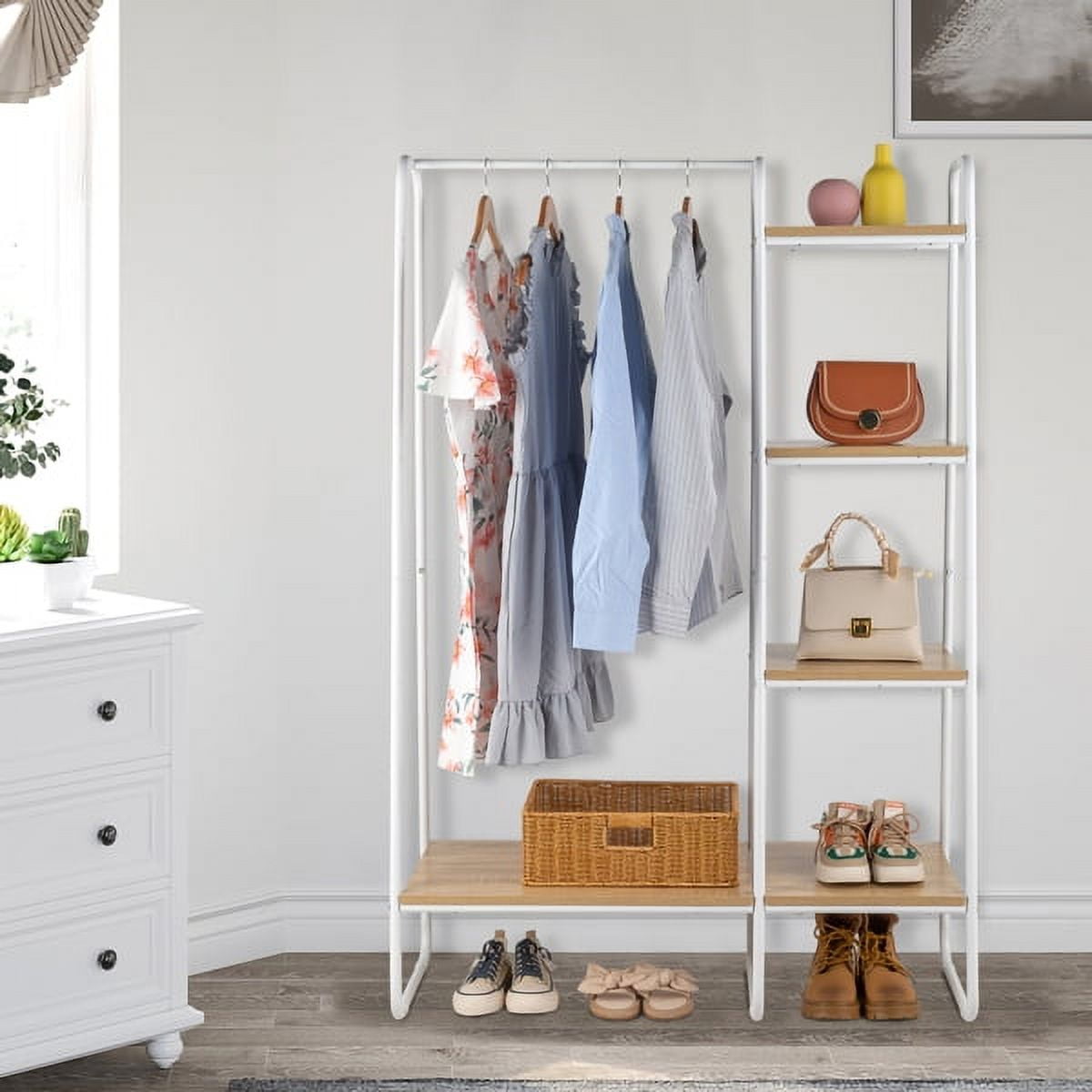 Bornmio Clothes Rack with 5 Wood Shelf, Freestanding Clothing Rack ...