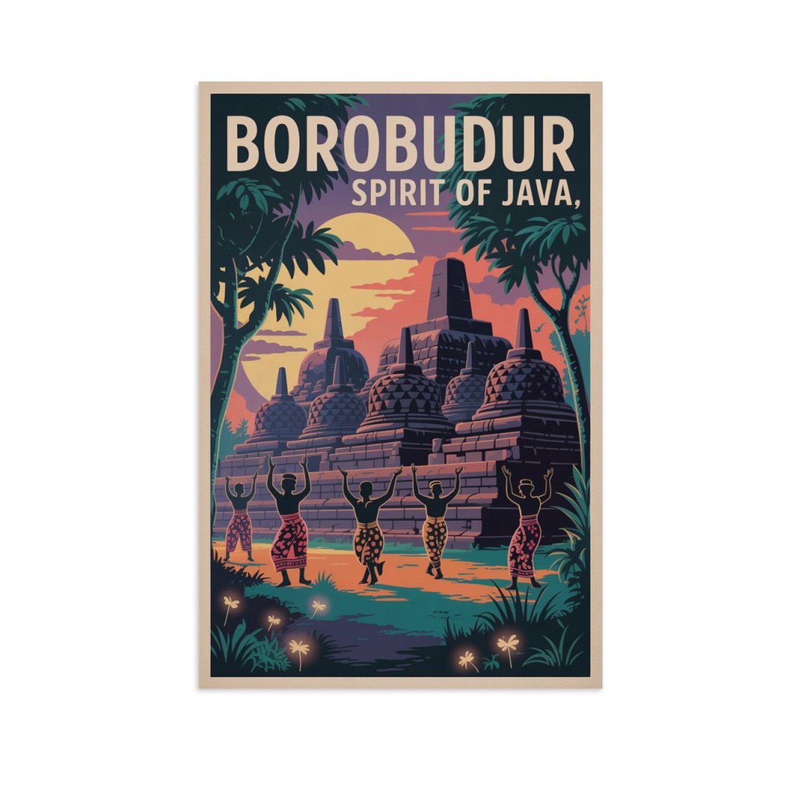 Borobudur Temple Retro Travel Poster Java Indonesia Vintage Wall Art ...