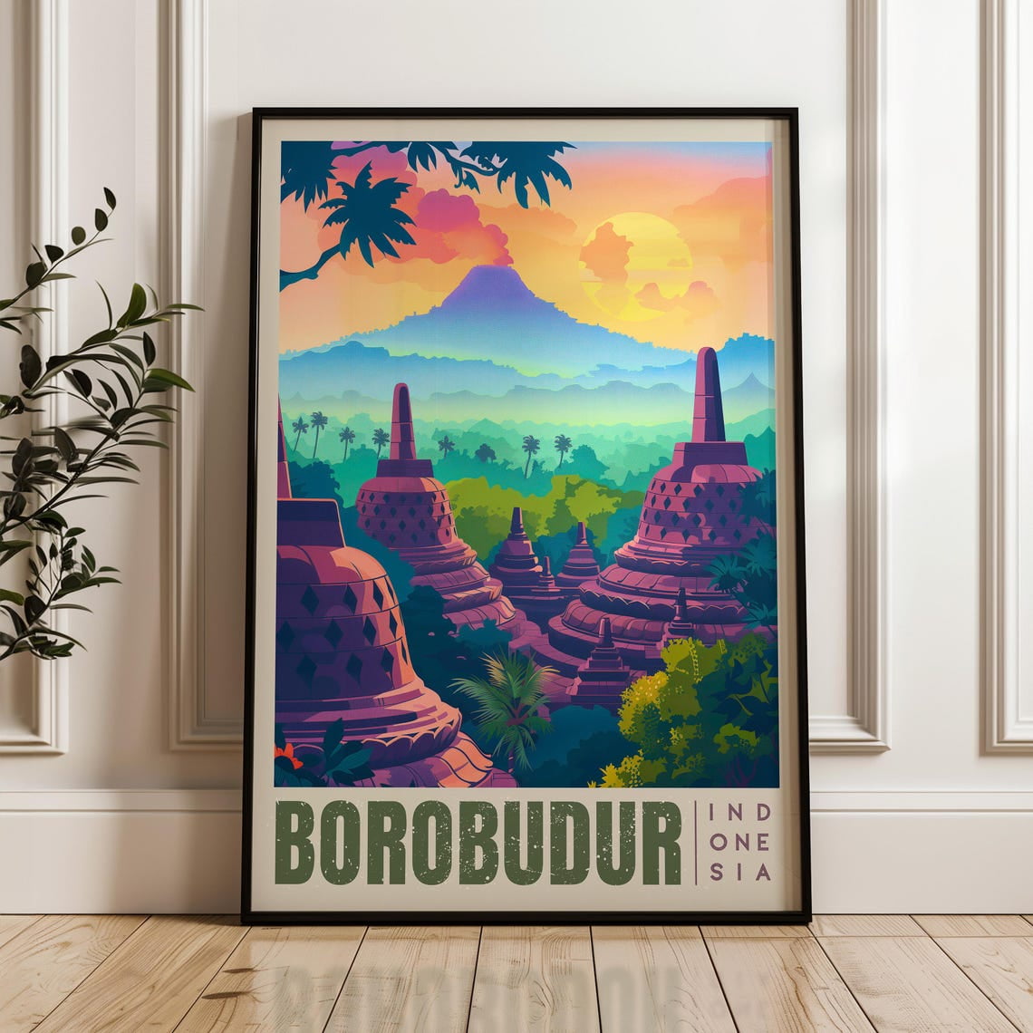 Borobudur Travel Poster - Indonesia Wall Art Print, Illustration Poster ...