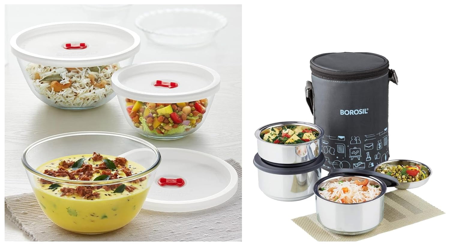 Borosil Glass Serving Mixing Bowls with Lids Oven Microwave Safe Bowls Set of 3 500 ml 900 ml 13 ...