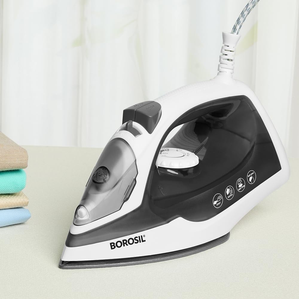 Borosil SmartPress 1380W Steam Iron Ceramic Soleplate 12gmin Steam Vertical Horizontal Steam ...