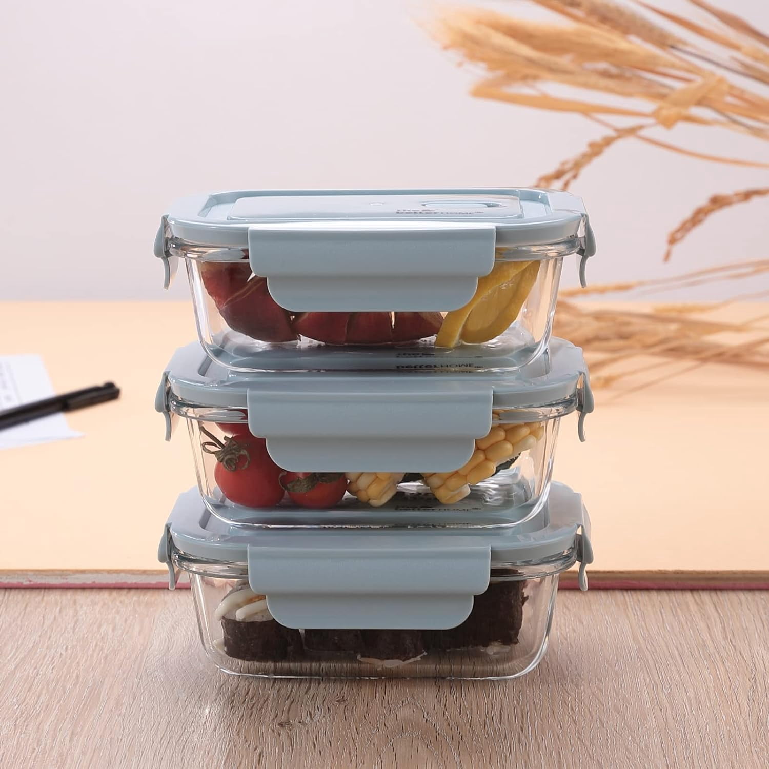 Borosilicate Glass Lunch Box Set Of 3 - 410ml Each, Blue | Lunch Box ...