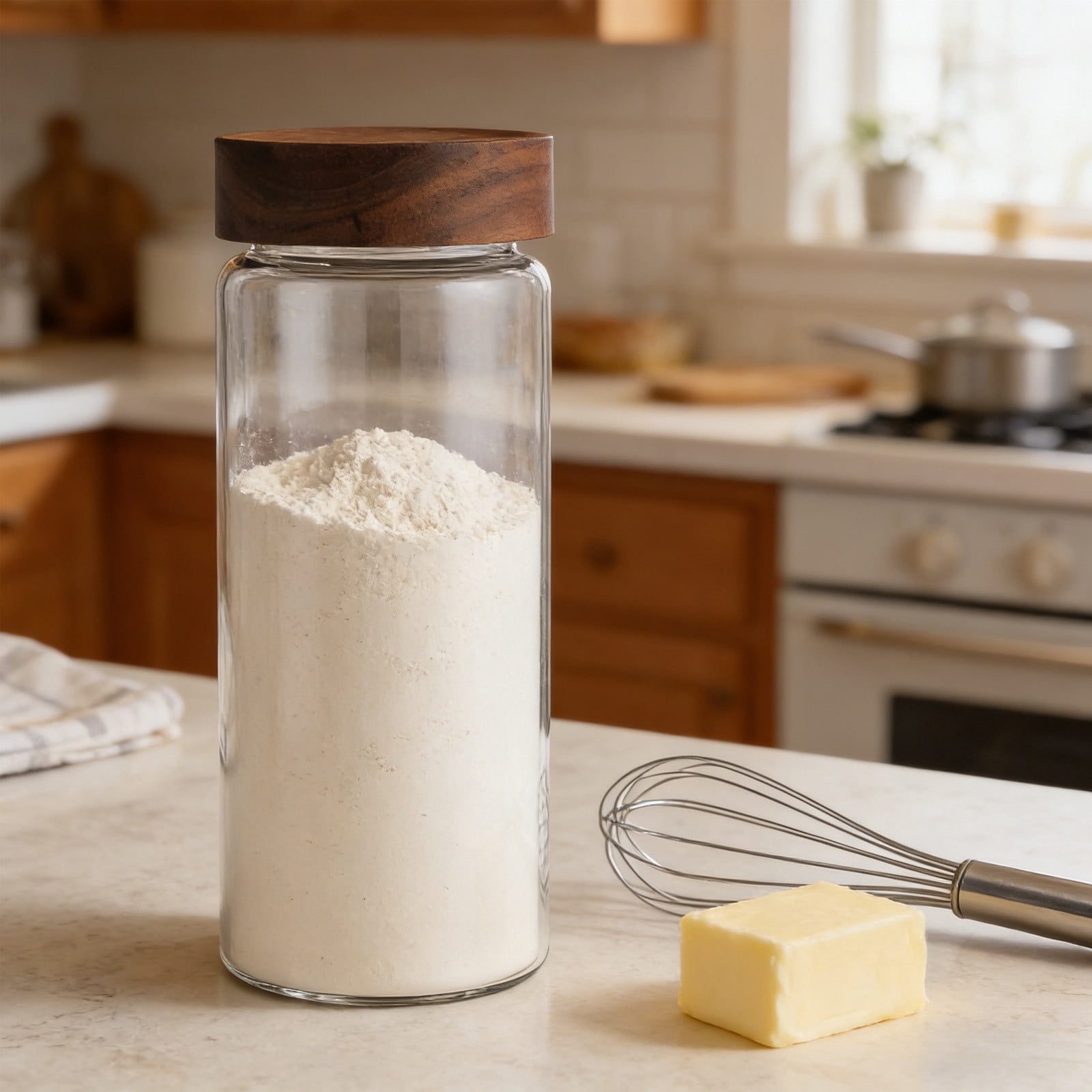 Borosilicate Glass Storage Jar with Maple Wood Lid, Airtight Kitchen ...