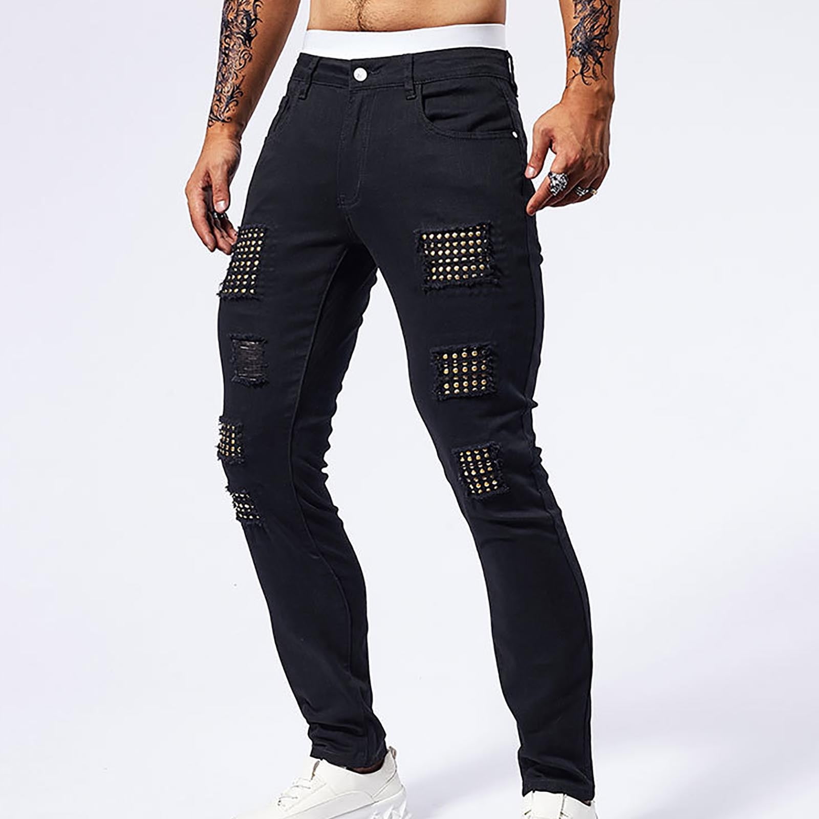 BosfBaoi Men's Cargo Pants, Skinny Jeans with Studs & Ripped Details ...