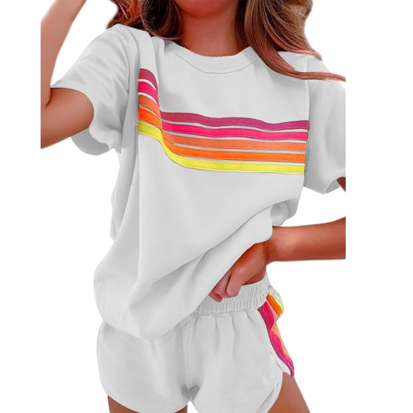 Bosfbaoi 2 Piece Sets for Women Rainbow Striped Short Set Short Sleeve ...