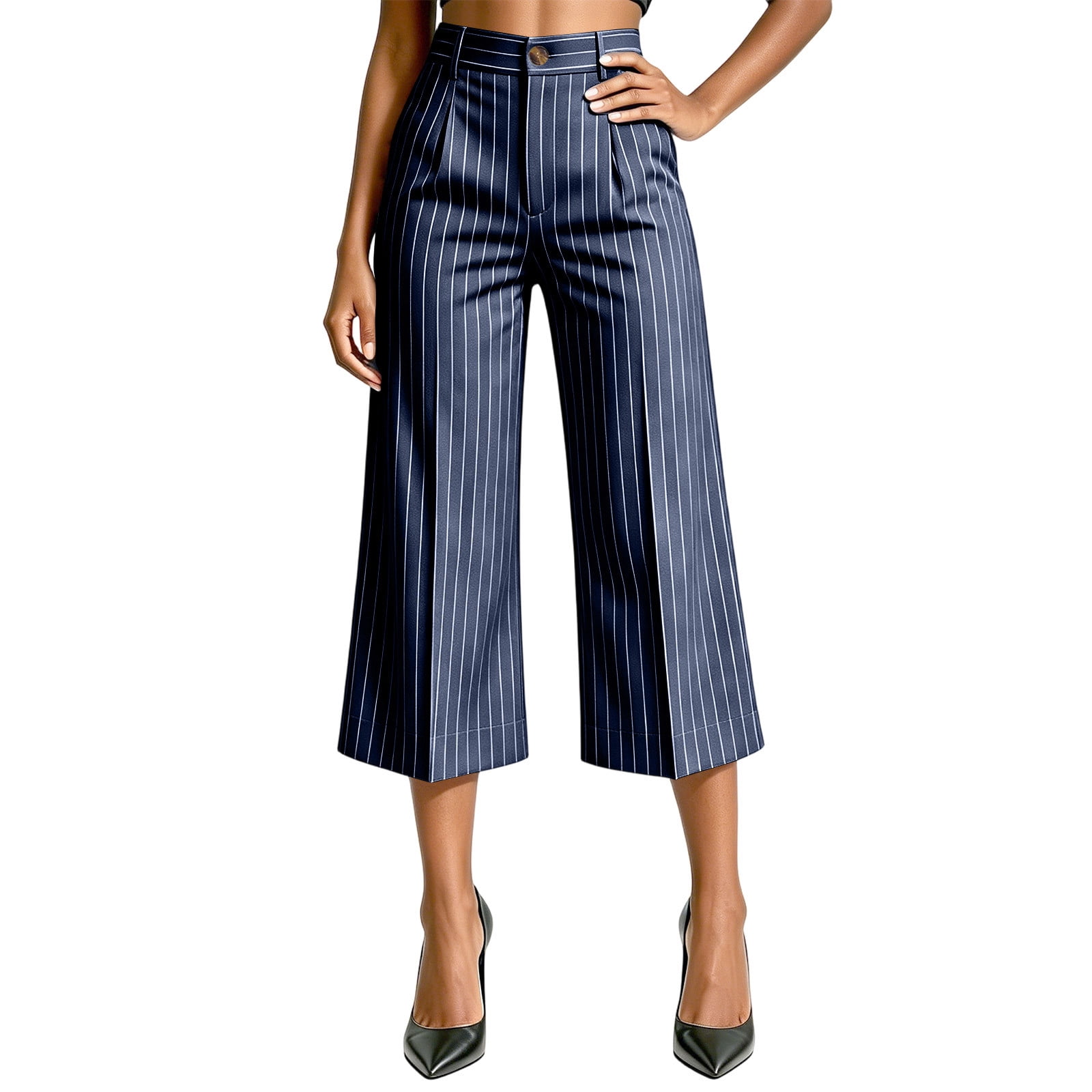 Bosfbaoi Capri Pants for Women Button Fly High Waist Pinstripe Cropped ...