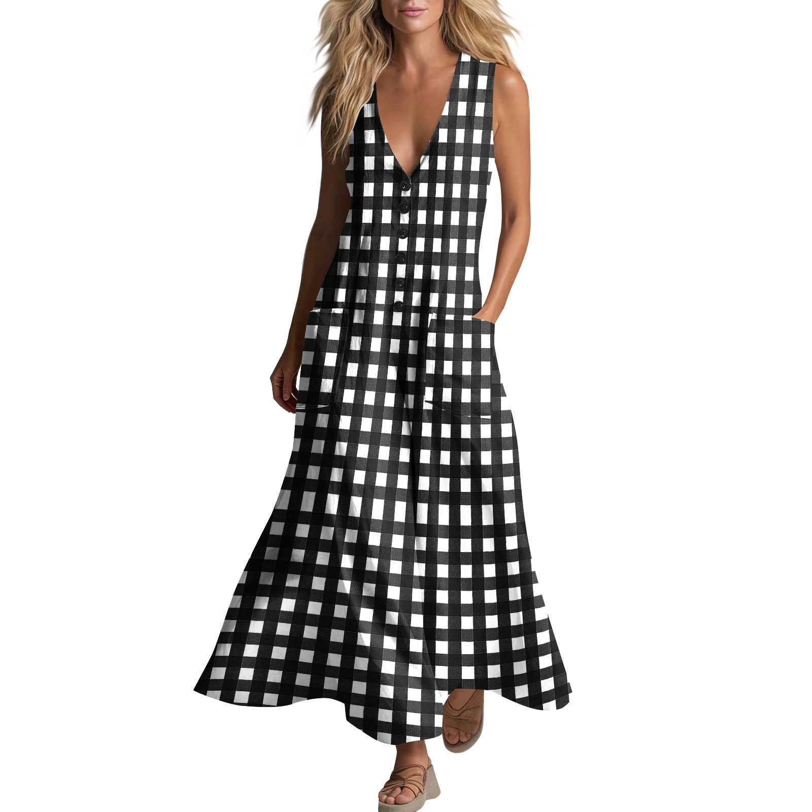 Bosfbaoi Dresses For Women Gingham Plaid Sleeveless Maxi Dress A-Line ...