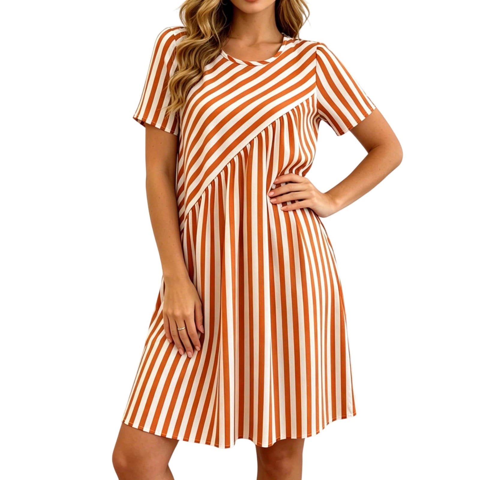 Bosfbaoi Dresses for Women Asymmetrical Striped Swing Dress Crew Neck ...