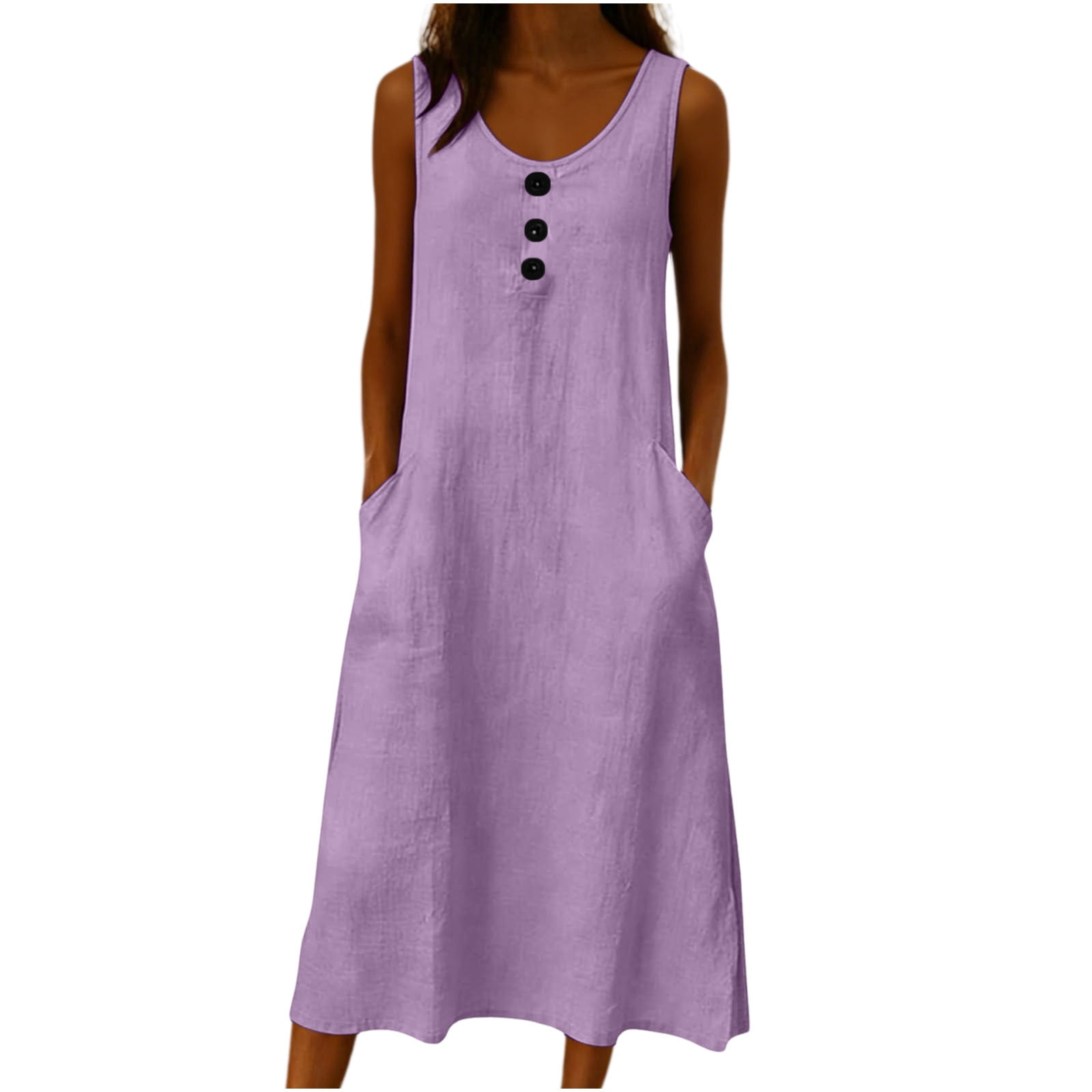 Bosfbaoi Dresses for Women Casual A-Line Linen Midi Dress Sleeveless ...
