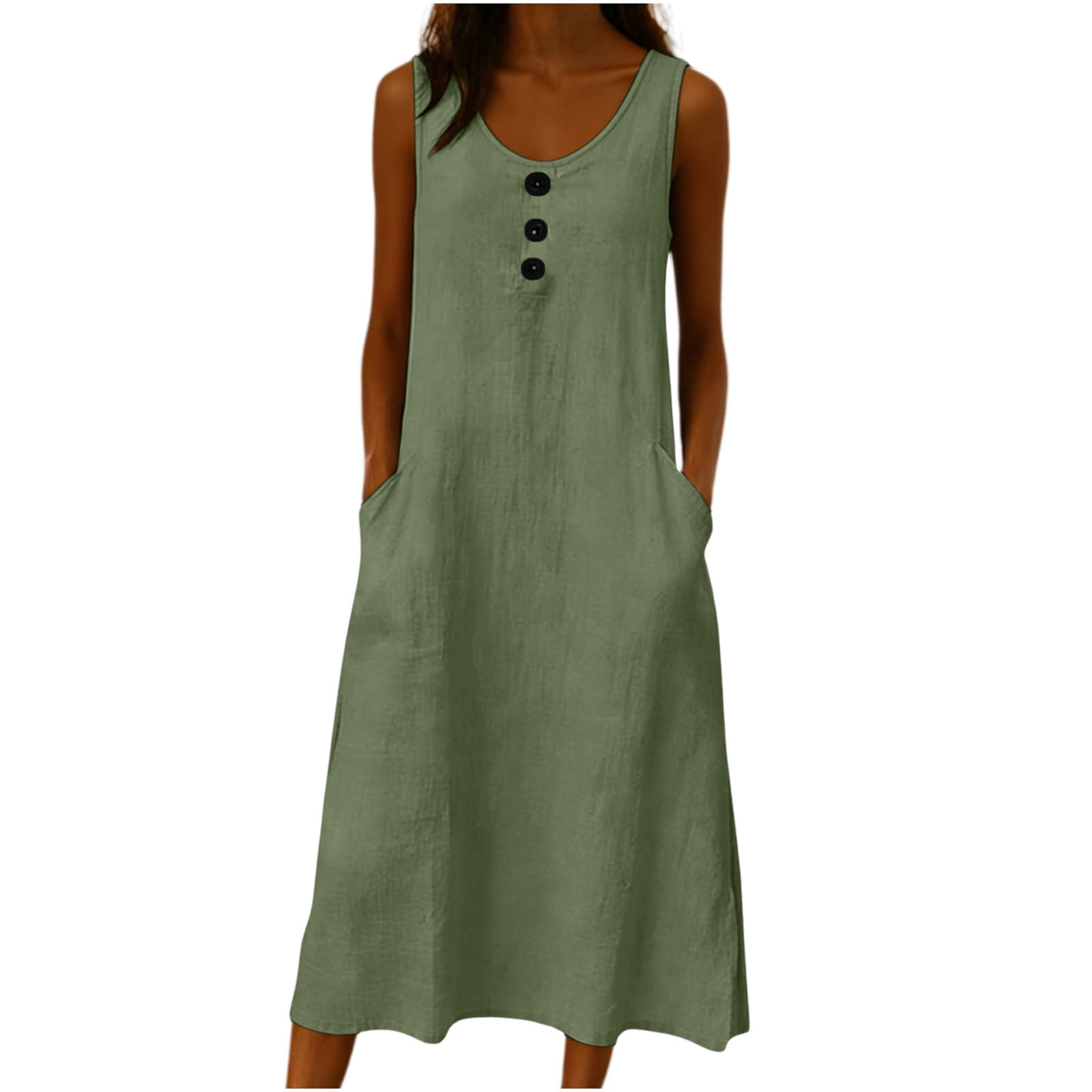 Bosfbaoi Dresses for Women Casual A-Line Linen Midi Dress Sleeveless ...