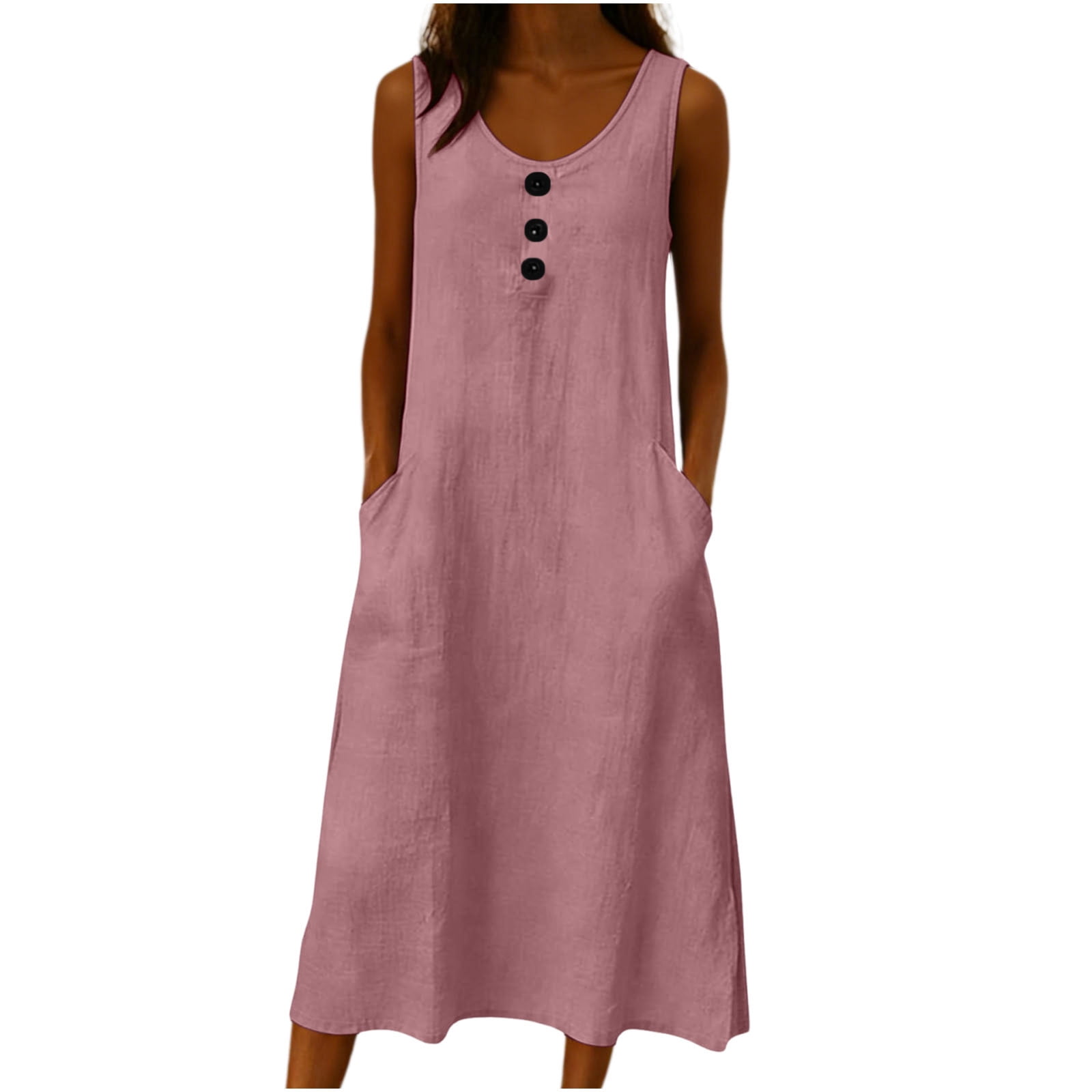 Bosfbaoi Dresses for Women Casual A-Line Linen Midi Dress Sleeveless ...