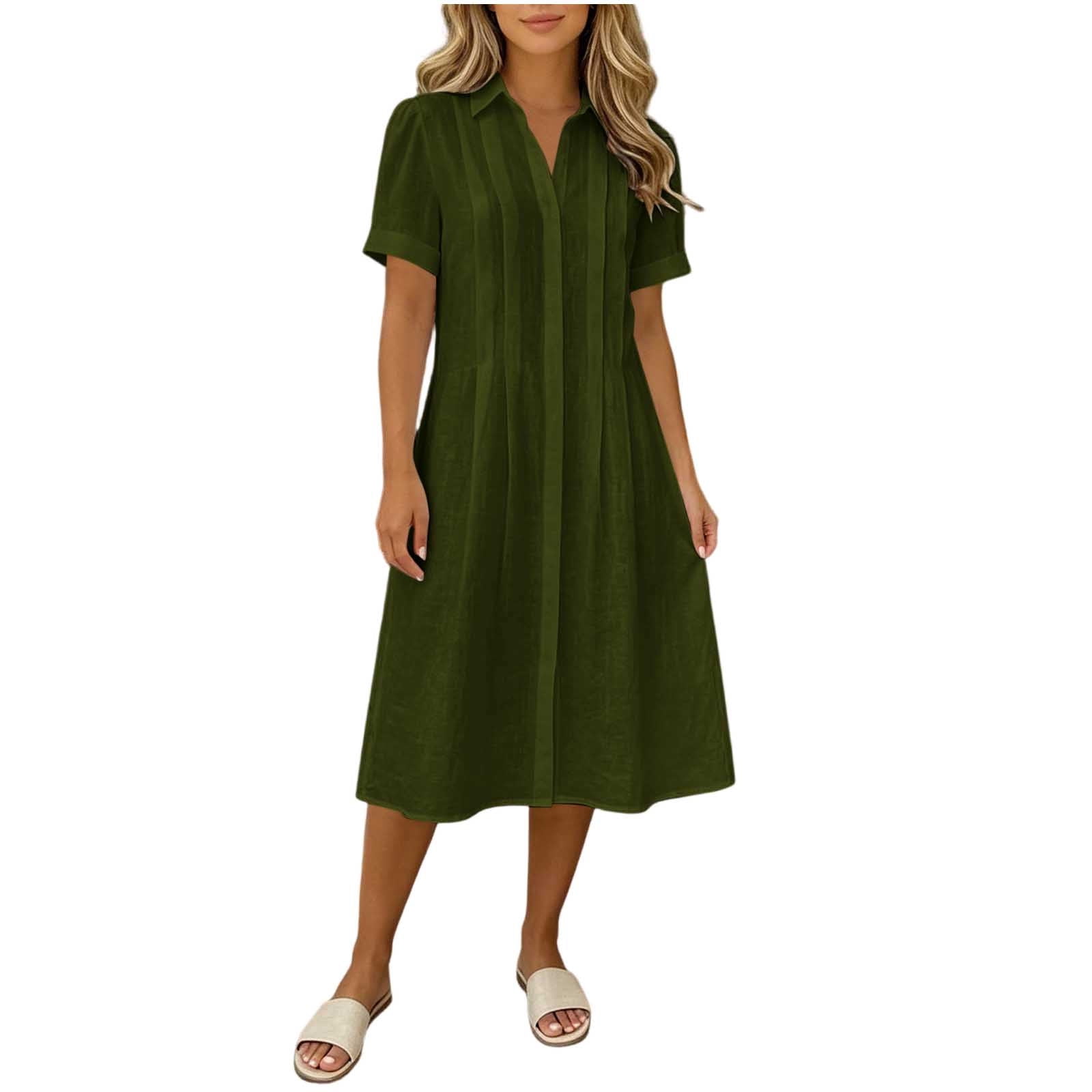 Bosfbaoi Dresses for Women Casual Linen Tunic Dress Classic Fit Pleated ...