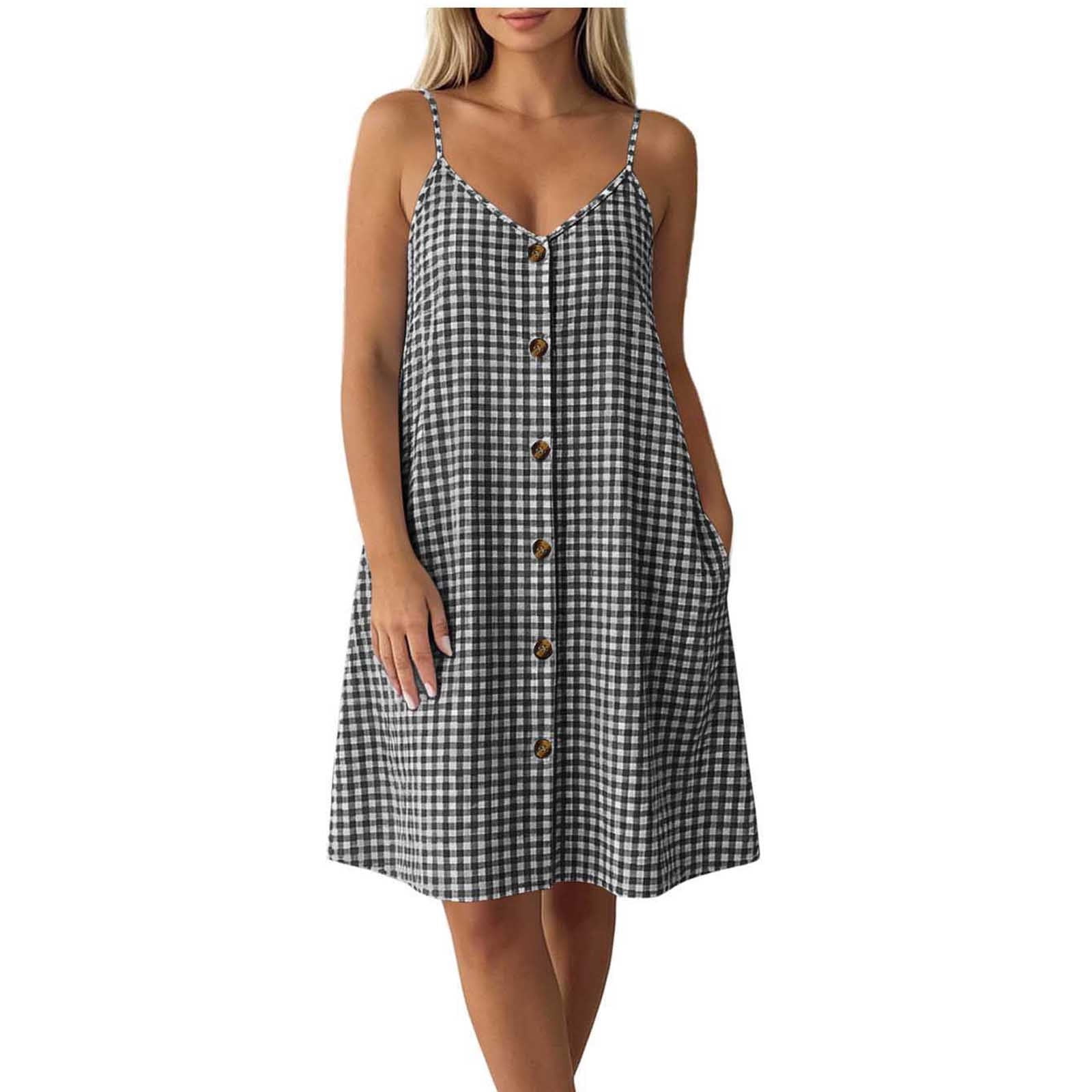 Bosfbaoi Dresses for Women Casual Plaid Cami Dress A-Line Beach ...