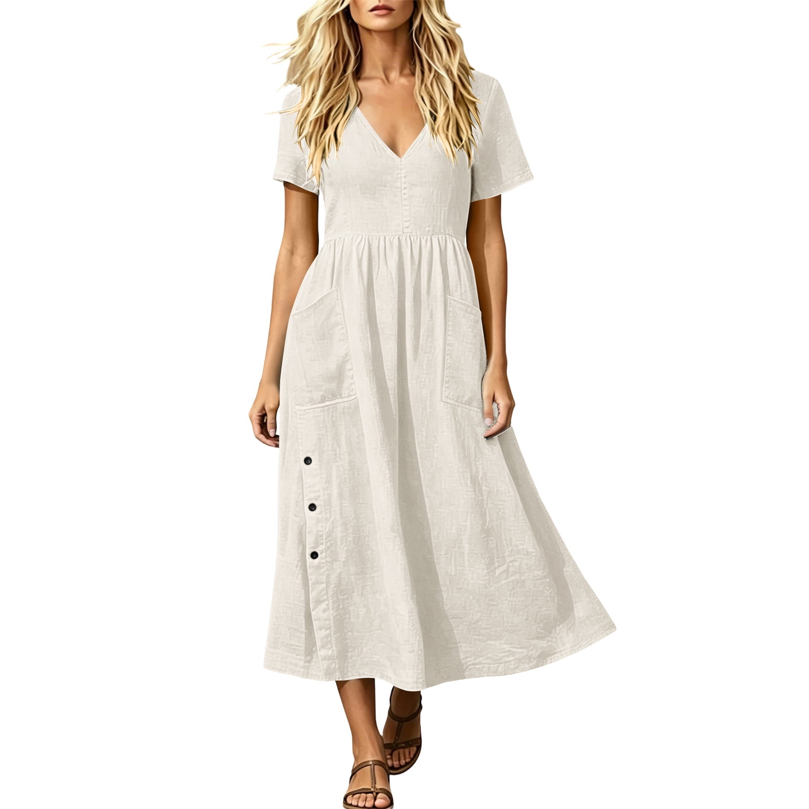 Bosfbaoi Dresses for Women Linen Blend Midi Dress V-Neck Short Sleeve ...