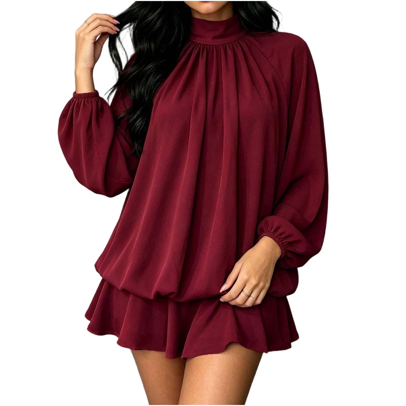 Bosfbaoi Dresses for Women Mock Neck Long Sleeve Chiffon Ruffle Layered ...