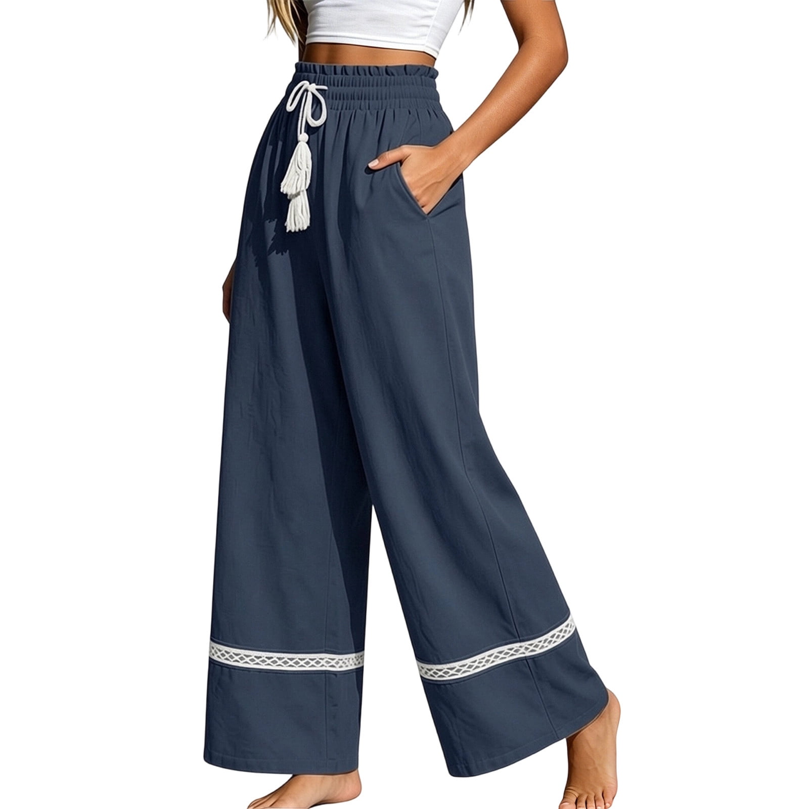 Bosfbaoi Pants for Women Summer Casual Palazzo Trousers Lightweight ...
