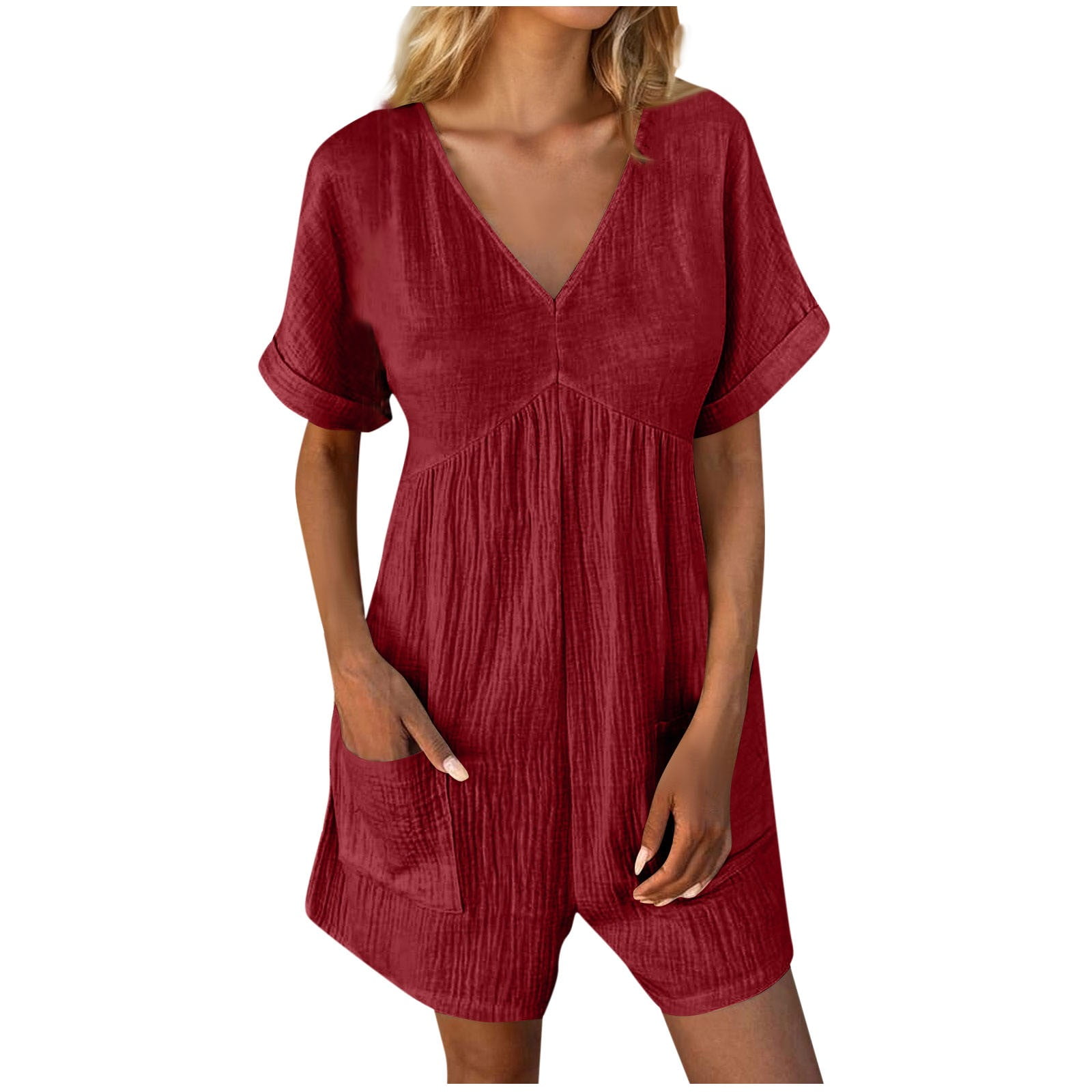 Bosfbaoi Plus Size Jumpsuits For Women Textured Romper V-Neck Short ...