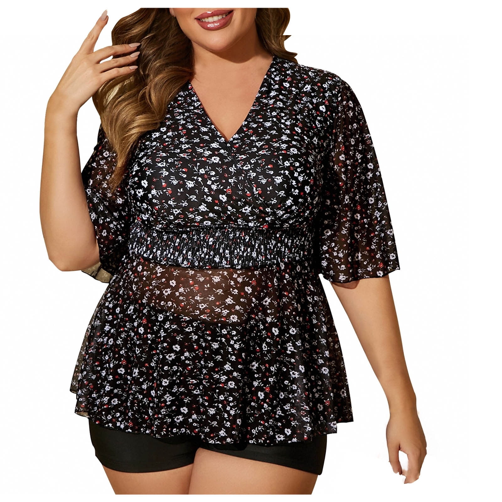 Bosfbaoi Plus Size Women's Floral Sheer Cover Up Set V-Neck Smocked ...