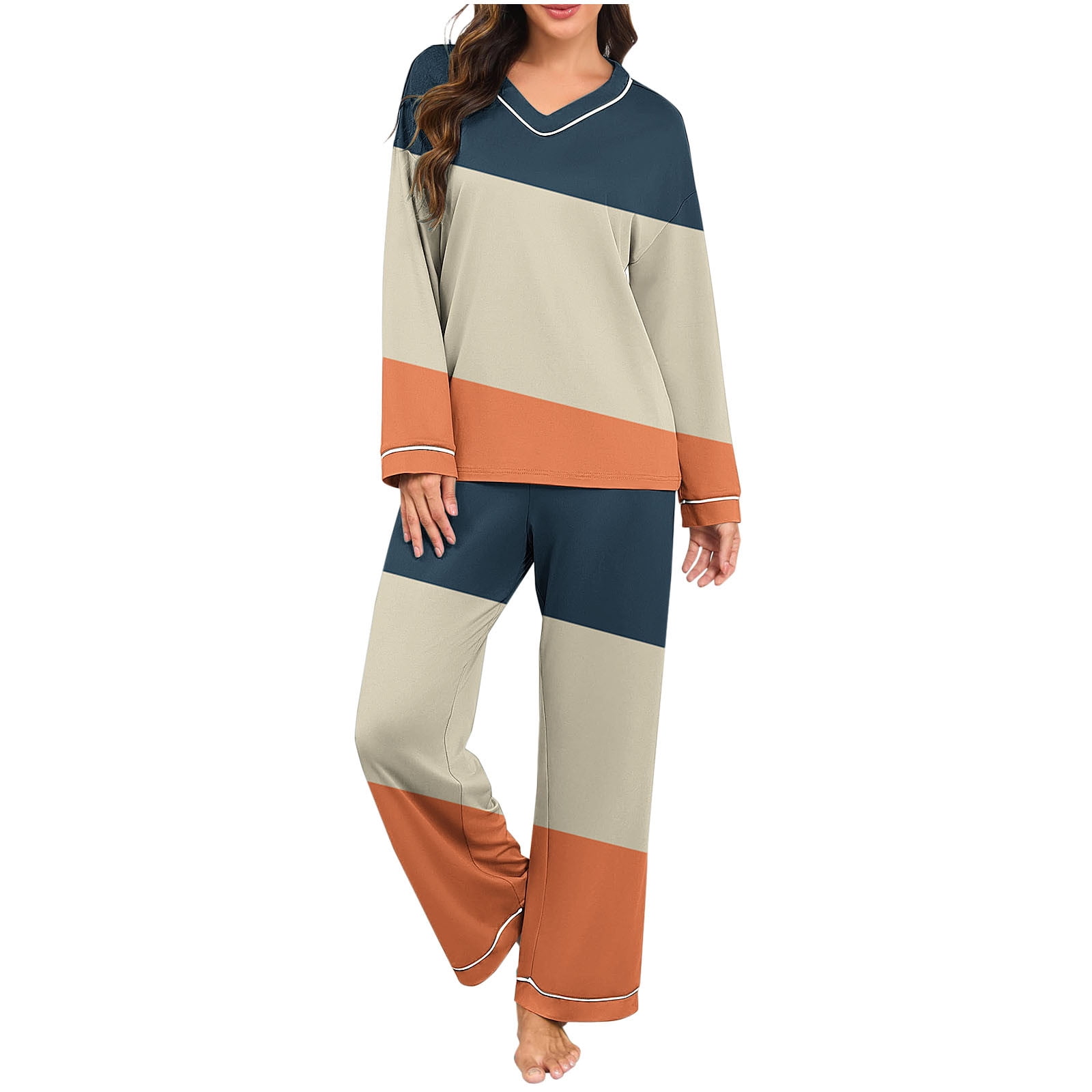 Bosfbaoi Plus Size Women's Pajama Set - Color Block 2 Piece Lounge Sets ...