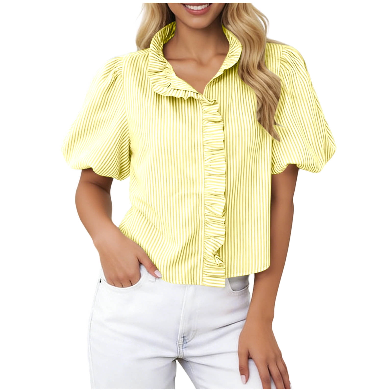Bosfbaoi Shirts For Women Short Button Down Womens Tops Ruffle Puff ...