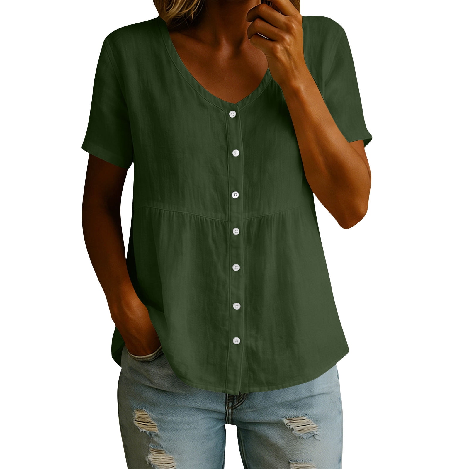 Bosfbaoi Shirts for Women Linen Blend Solid Color Womens Tops V-Neck ...