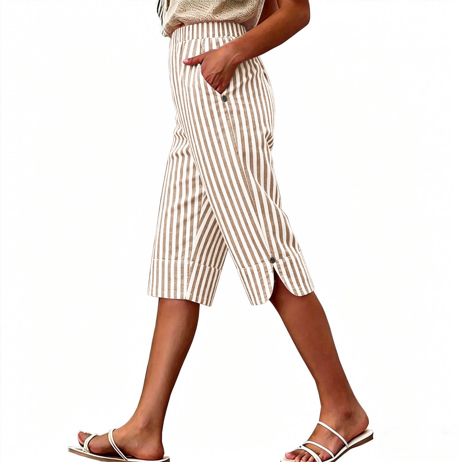 Bosfbaoi Summer Striped Capri Pants for Women Elastic Waist Casual ...