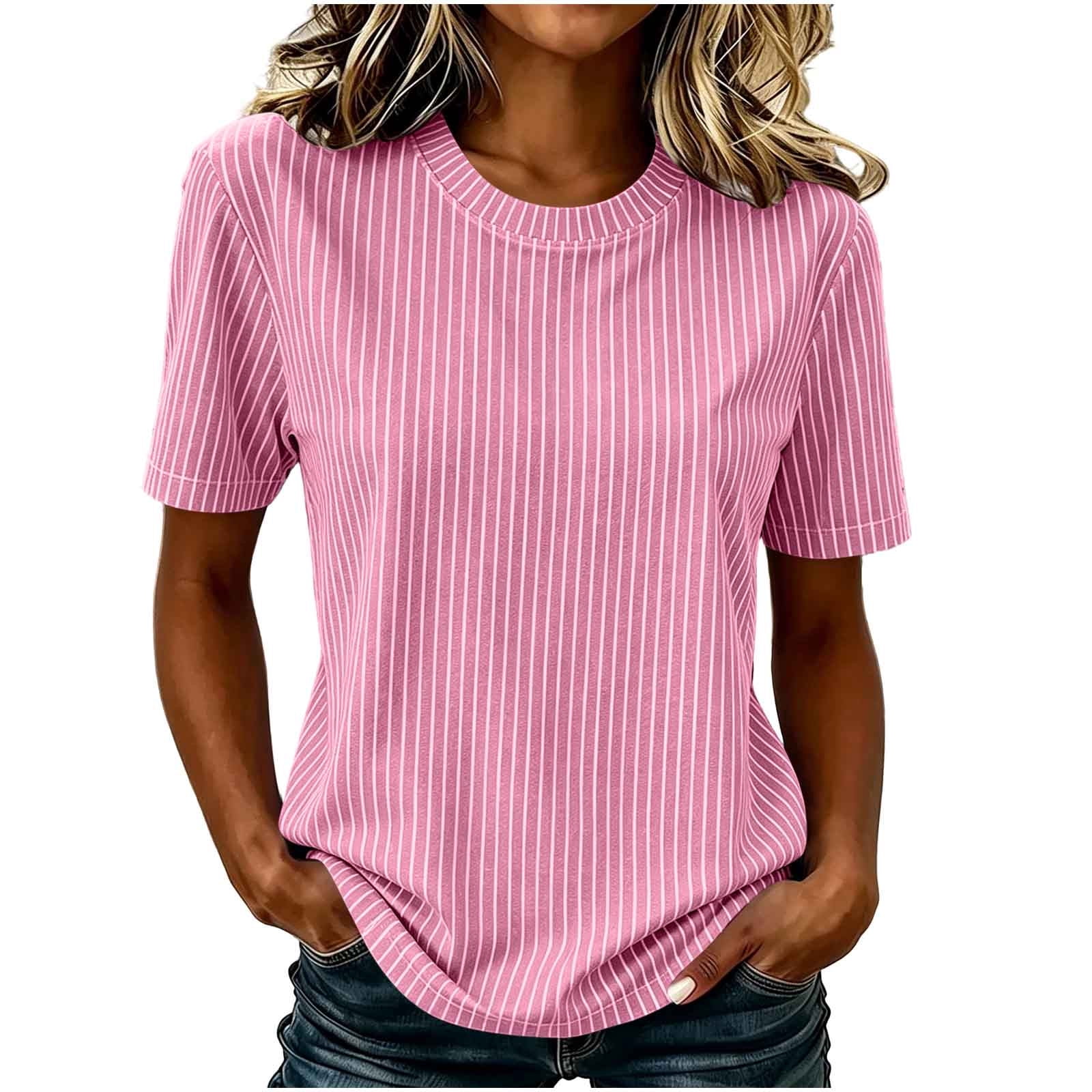 Bosfbaoi Summer Tops for Women Ribbed Knit Striped Crew Neck Short ...