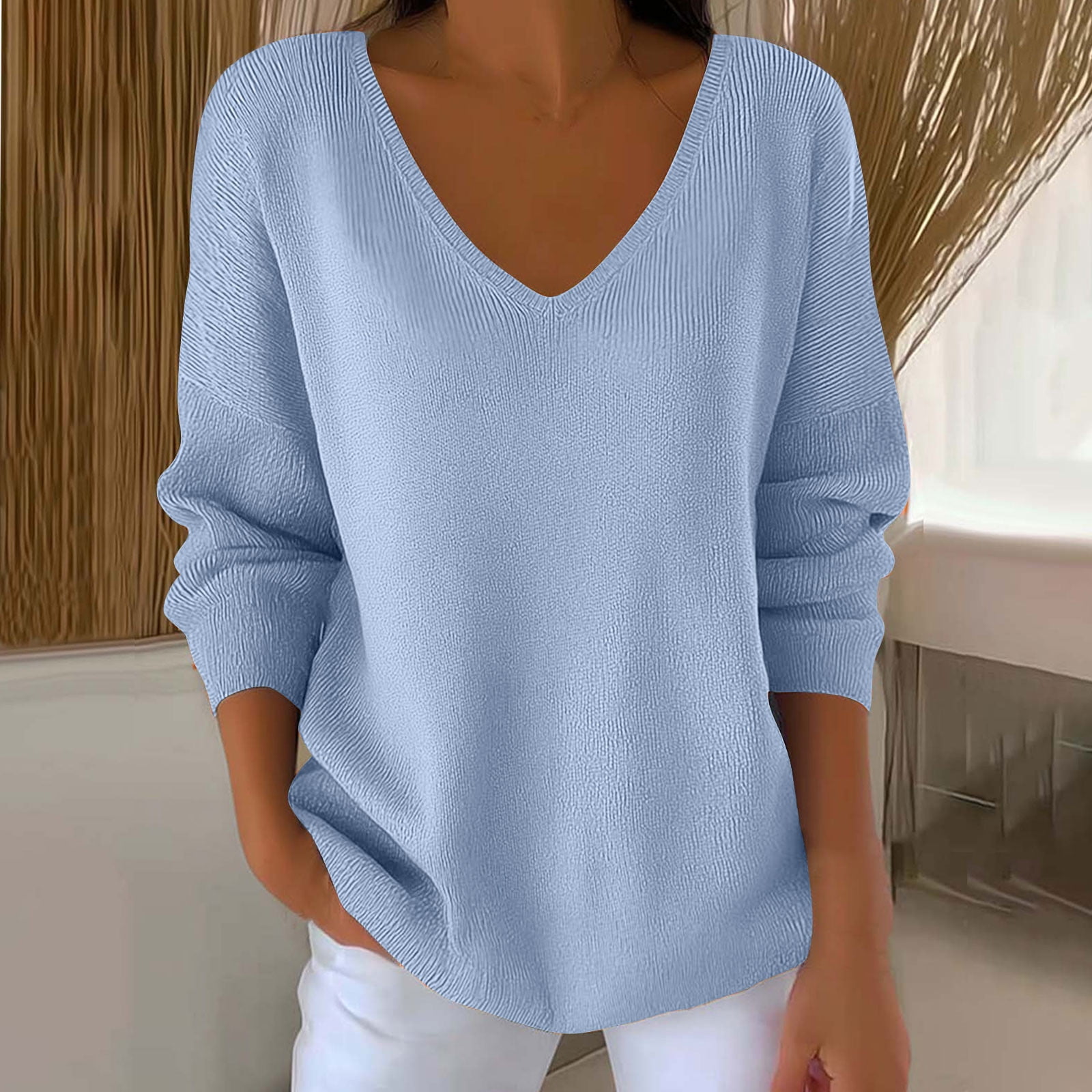Bosfbaoi Sweater for Women - V-Neck Ribbed, Long Sleeve Casual Knitwear ...