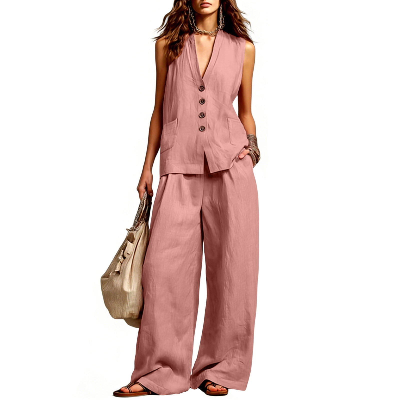 Bosfbaoi Two Piece Sets for Women Linen Blend Fashion Outfit Set V-Neck ...