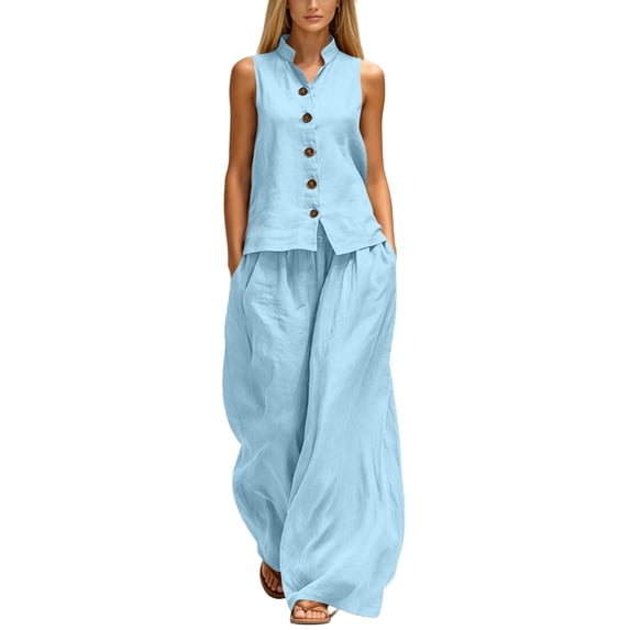Bosfbaoi Two Piece Sets for Women Sleeveless Stand Collar Button Down ...