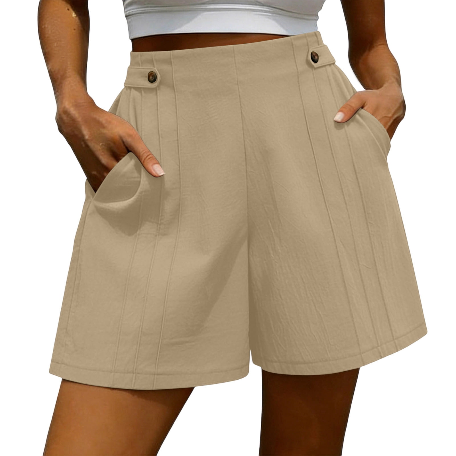 Bosfbaoi Women's Casual Shorts High Waist Pleated Shorts Summer Linen ...