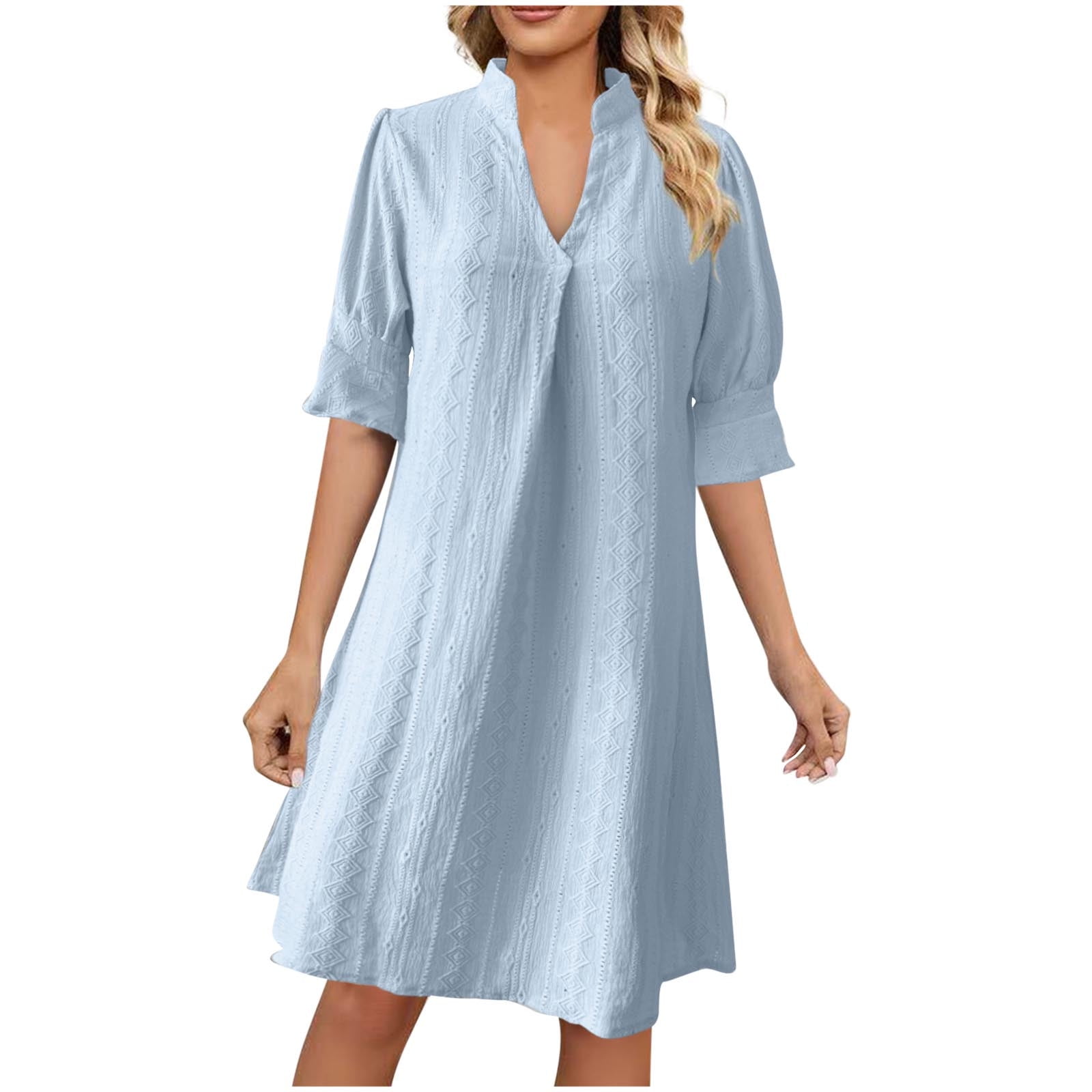 Bosfbaoi Women's Dress V Neck Short-Sleeve Dress Solid Color Casual ...
